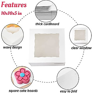 Feelfine Cake Boxes 10 Inch, 10x10x5 Cake Boxes with Square Cake Boards, 24 PCS Bakery Boxes with Window(12 Cake Boxes & 12 Boards) Cajas Para Pasteles for Cakes Pastries Cookies