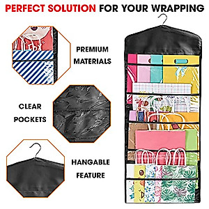 Primode Gift Bag and Tissue Paper Storage, Hanging Organizer with Multiple Front and Back Pockets Double Sided, Organize Gift Wrap and Paper Bags 38 x 16 Inch (Full Black)