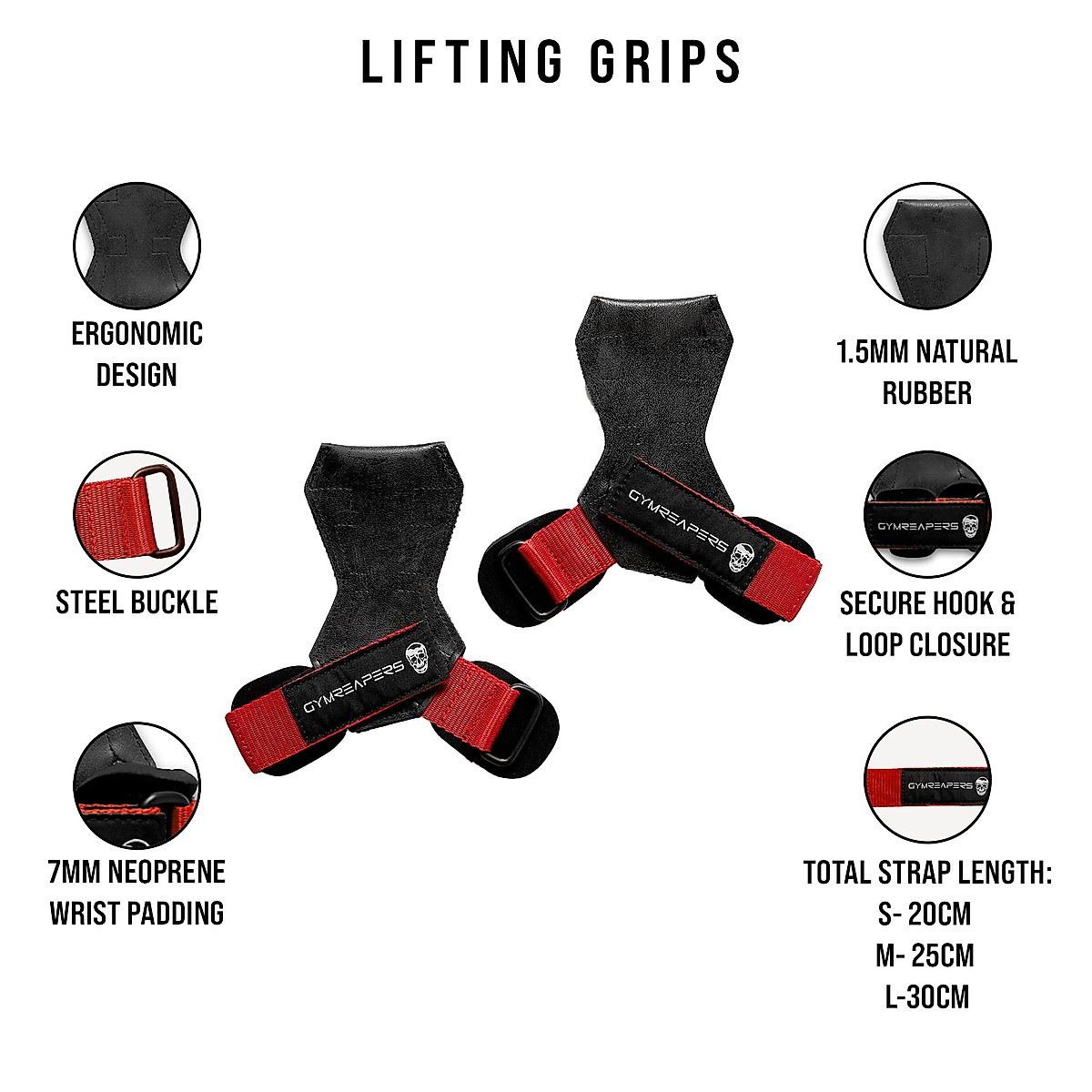 Gymreapers Weight Lifting Grips (Pair) for Heavy Powerlifting, Deadlifts, Rows, Pull Ups, with Neoprene Padded Wrist Wraps Support and Strong Rubber Gloves or Straps for Bodybuilding (Red, Medium)
