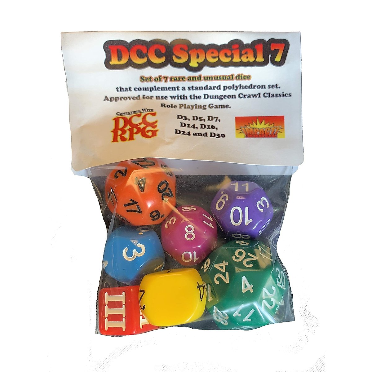 DCC Special 7 - Rainbow - Set of 7 Rare and Unusual RPG dice Approved for use with Dungeon Crawl Classics