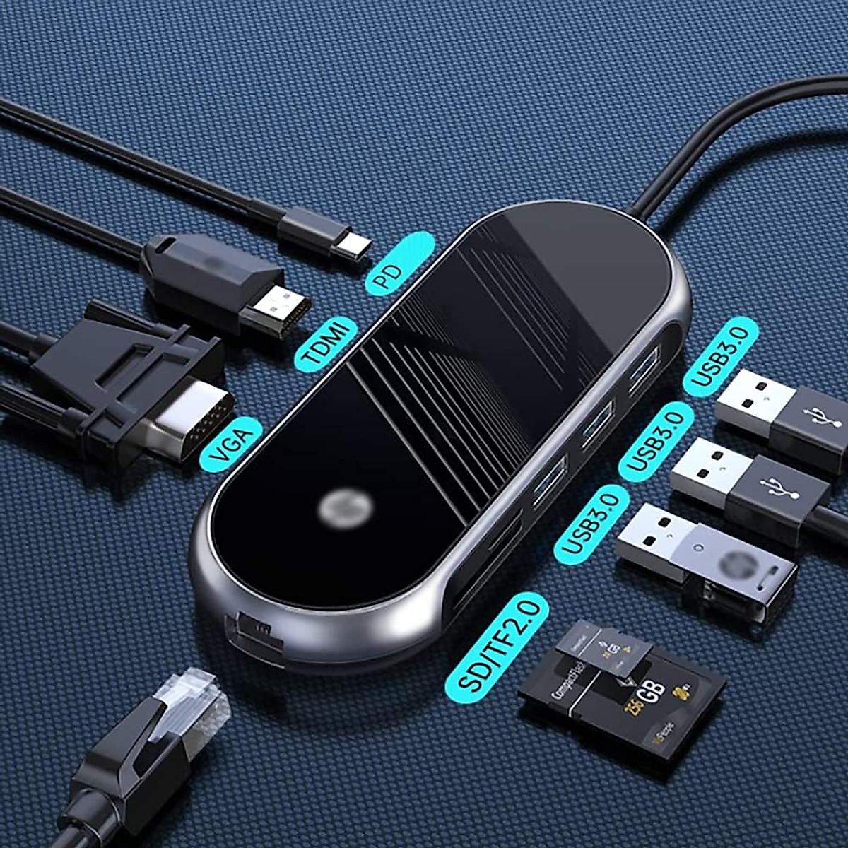 Port Expander USB C Docking Station 9-in-1 Type C Hub with Ethernet, HDMI, VGA, 3 USB 3.0, 100W PD, SD/TF Card Reader USB C Hub USB Splitter