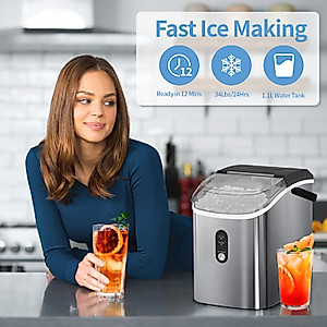 Nugget Countertop Ice Maker with Chewable Pellet Ice, Antarctic Star Portable Ice Machine Pebble Ice with Self-Cleaning, 34Lbs/24H, One Button Operation, for Kitchen, Home Stainless Steel Black