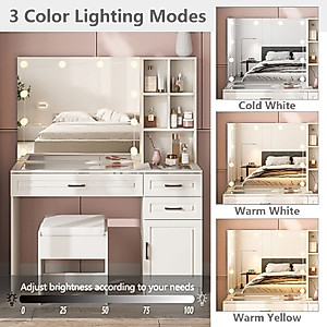 Fameill White Vanity Desk with Mirror and Lights,Glass Top Vanity Table with 3 Drawers and Cabinets,Large HD Mirror Makeup Desk,3 Lighting Modes, Brightness Adjustable,45 in(L)