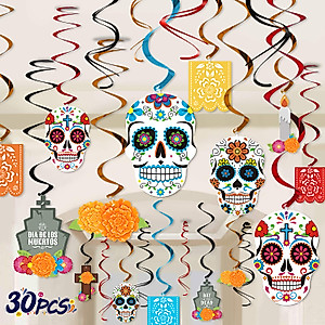 Day of the Dead Hanging Swirl Decorations 30 Ct Día de los Muertos Hanging Ceiling Spirals Decor Sugar Skull Papel Picado Marigold Flowers Cutouts for Mexican Birthday Wedding Halloween Party Supplies