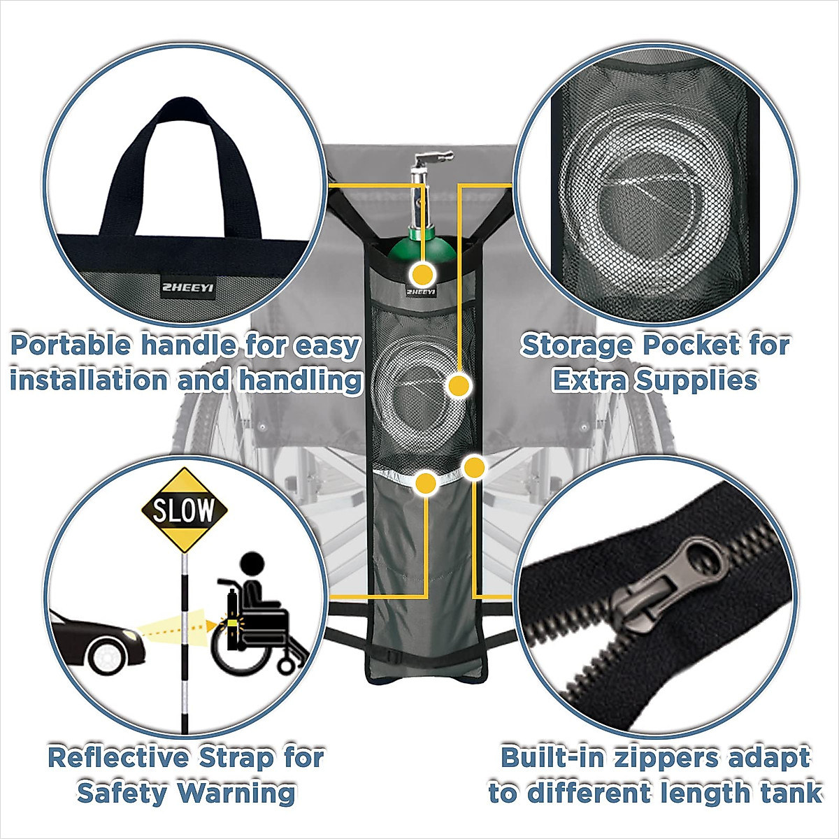 ZHEEYI Oxygen Cylinder Bag for Wheelchairs with Buckles, Fits Any Wheelchair, Gray (Fits Most Oxygen cylinders)