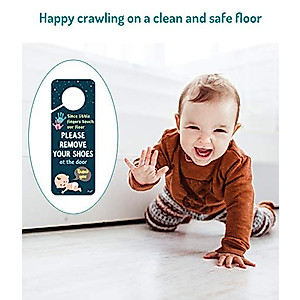 Fun-Plus Please Take Your Shoes Off - Remove Your Shoes Sign - Plastic Door Knob Hanger Sign - Since Little Fingers Touch Our Floor