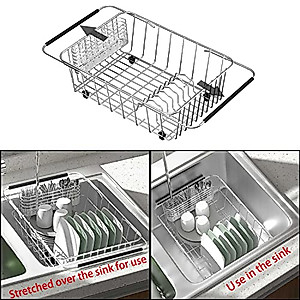 Lixin Tech Expandable Deep Type Large Plate Sink Dish Drying Rack for Kitchen Counter, Durable 304 Stainless Steel Dish Drainer with Utensil Holder Over Sink, Rustproof- Large