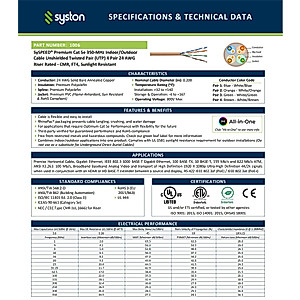 Syston Cable Technology Cat 5e Ethernet Network Cable，350MHz 24AWG Solid Bare Copper Wire Outdoor/Indoor, Bulk No Ends 10 Ft to 1000 Ft Available, Heat Resistant Riser Rated - CMR