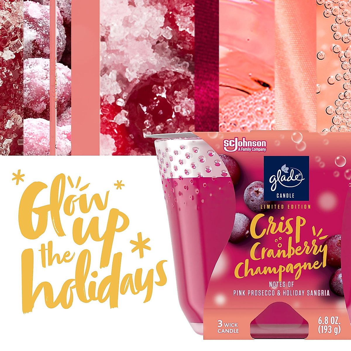 Glade Candle Crisp Cranberry Champagne, Fragrance Candle Infused with Essential Oils, Air Freshener Candle, 3-Wick Candle, 6.8 Oz