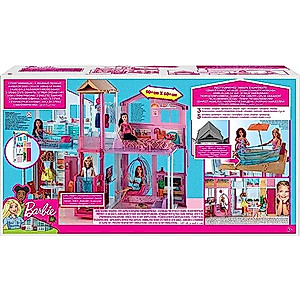 Barbie Doll House, 3-Story Townhouse with 4 Rooms & Rooftop Lounge, Furniture & Accessories Including Swinging Chair (Amazon Exclusive)