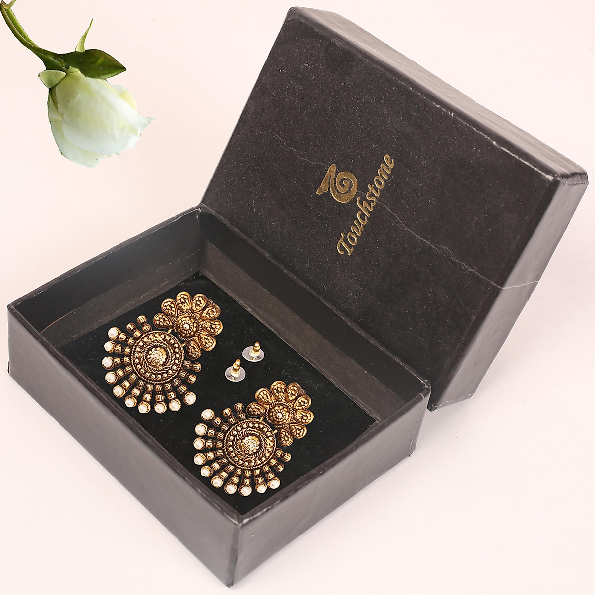 Touchstone Indian bollywood ancient southern gold jewelry inspired bridal jewelry earrings with faux pearls for women in antique tone and oxidized.