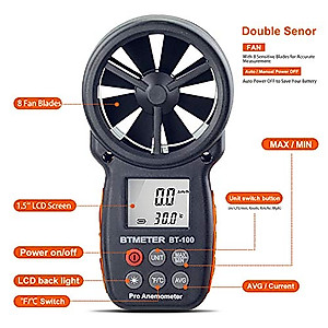 BTMETER BT-100 Handheld Anemometer, Digital Wind Speed CFM Meter Gauge Air Flow Velocity Tester for HVAC Shooting Drone, Wind Chill, 14℉-113℉ Wind Temperature