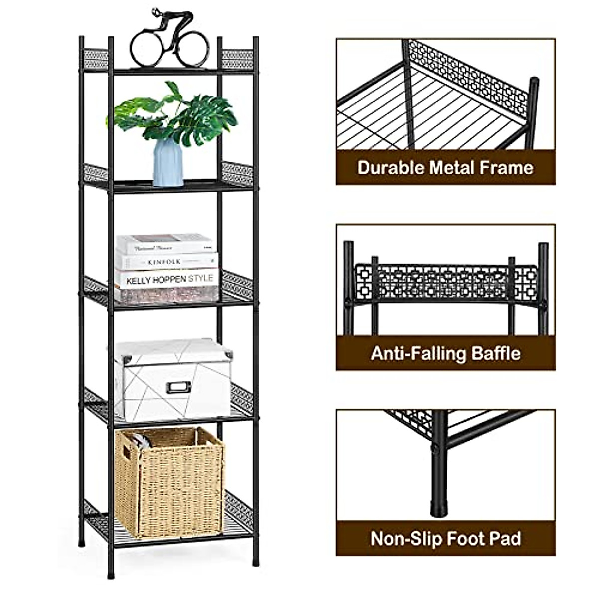 5-Tier Bathroom Storage Shelf, Heavy Duty Wire Shelving Unit Free Standing Towel Rack Organization for Kitchen Bathroom Laundry, Black