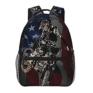 FuriTou Motocross Dirt Bike American Flag Backpack Motorcycle Biker Double Shoulder Bag Laptop Bagpack for Men Women Bookbag for Work Camping Travel