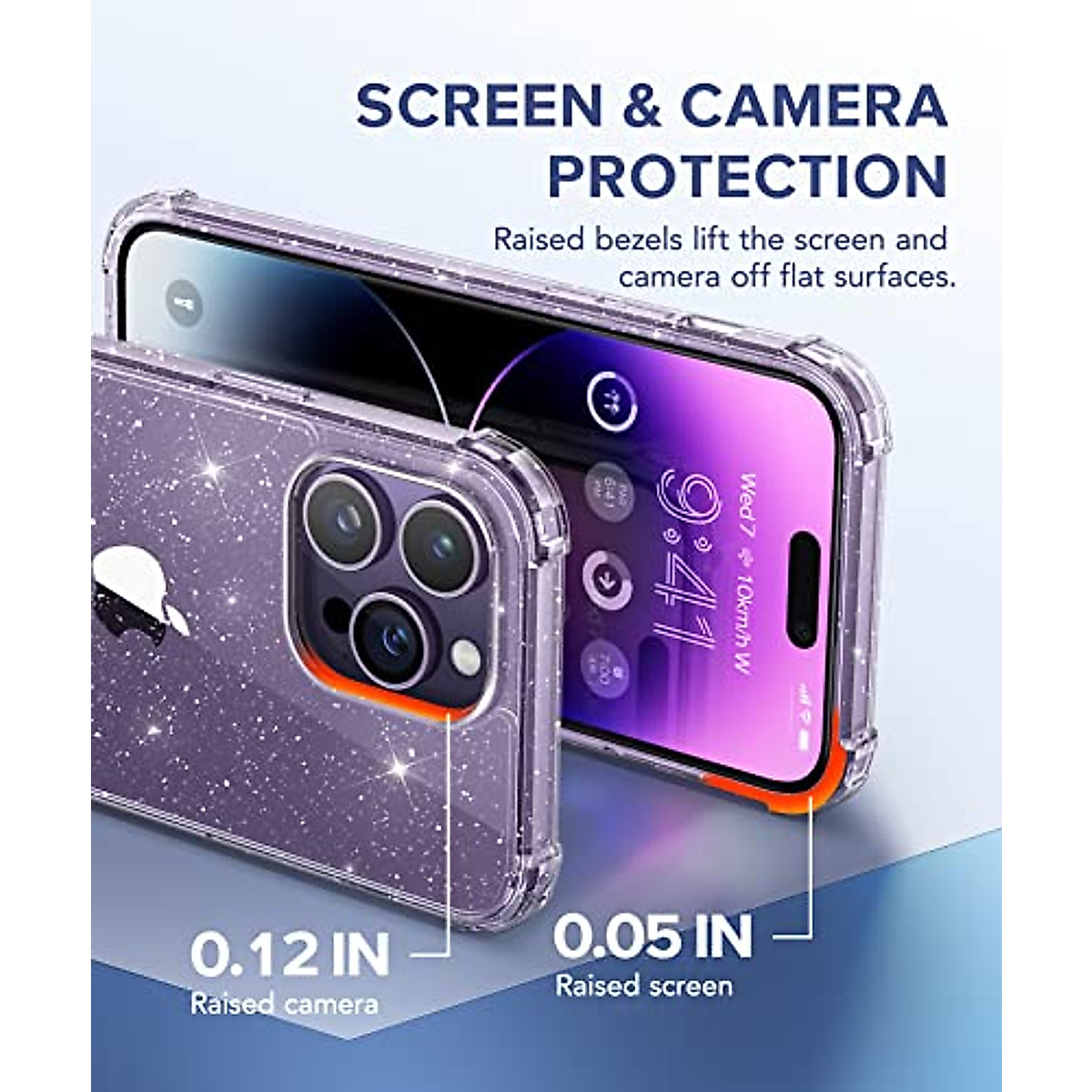 BERFY for iPhone 14 Pro Case Glitter Clear, with 2X Screen Protector + 2X Camera Lens Protector, [Non-Yellowing] [Military Grade Protection] Cute Bling Shockproof Phone Case 6.1 Inch, Shiny Clear