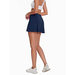 Pleated Tennis Skirt Golf Skort for Women with Pockets Shorts Athletic Workout Running Skirt Ruffle on Back (Navy Blue, Medium)