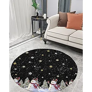 Christmas Black Fluffy Round Area Rug Carpets 3ft, Plush Shaggy Carpet Soft Circular Rugs, Non-Slip Fuzzy Accent Floor Mat for Living Room Bedroom Nursery Home Decor Snowman Gold Snowflake Xmas Tree