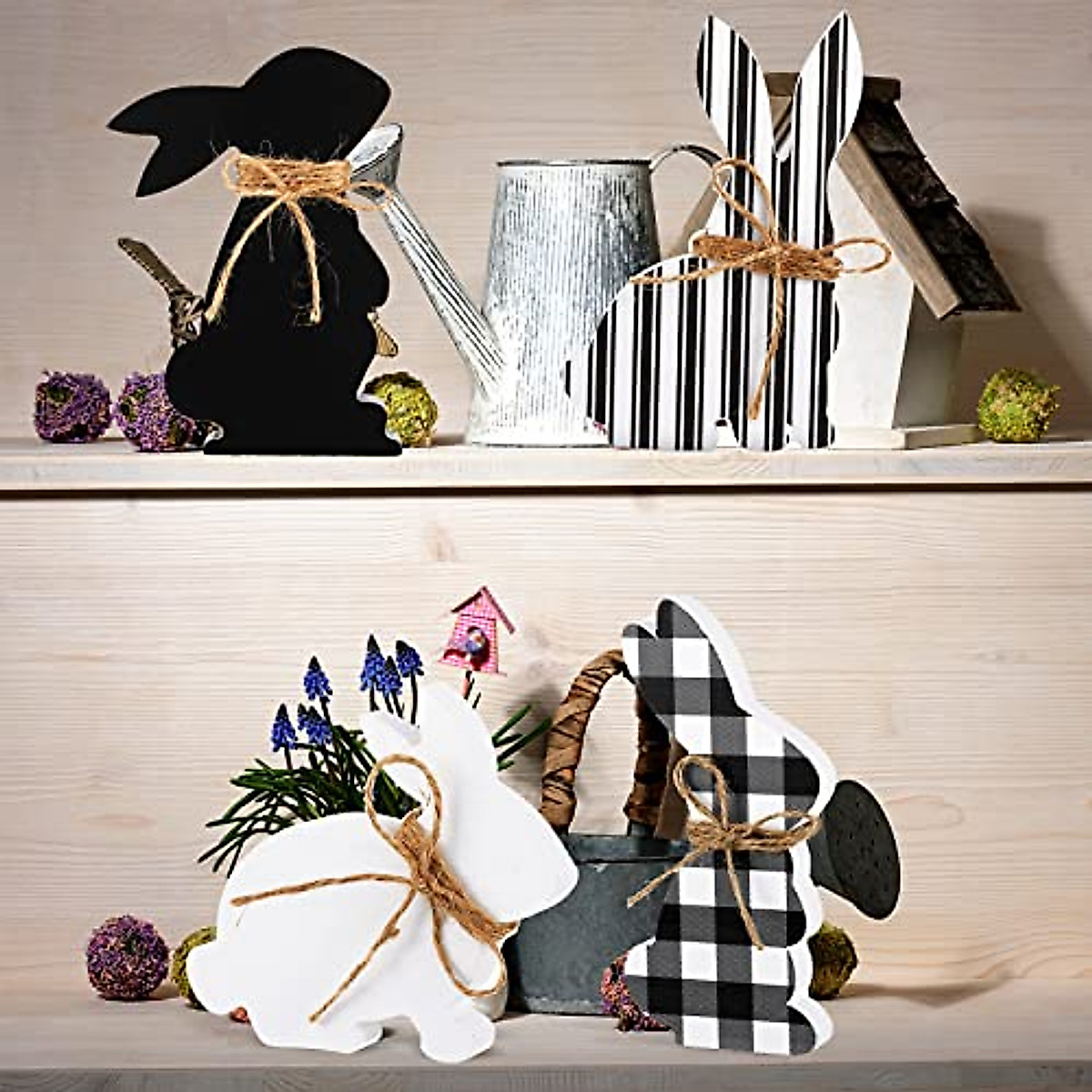 4 Pcs Easter Bunny Table Wooden Signs Bunny Shaped Farmhouse Decor Spring Bunny Wood Tabletop Easter Decorations Easter Bunny Dining Room Table Decor Sign Bunny Decor with Rope (Plain Black White)