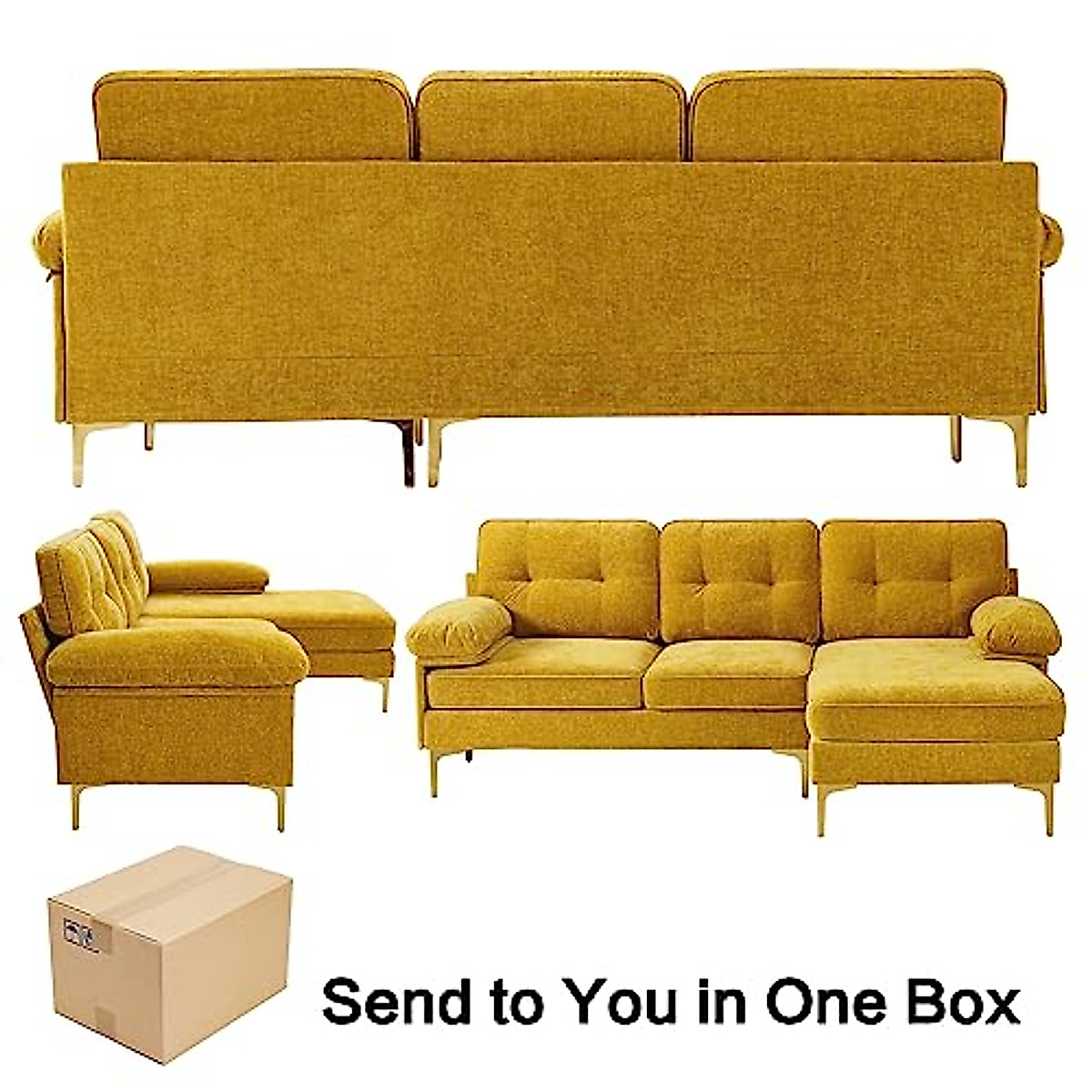 TEKAMON Yellow Sectional Sofa Couch for Living Room, Samll couches for Small Spaces, Chenille Fabric L- Shaped Sofa, Modern Loveseat Sofa with Chaise, Removable Covers，Convertible/Reversible Couch