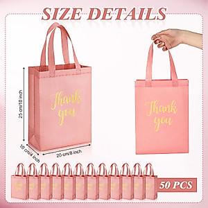 Roowest 50 Pcs Reusable Thank You Grocery Bags Shopping Bags Non Woven Shopping Merchandise Bag with Handles (Pink, Gold)