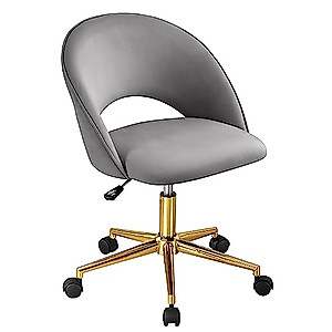 Furniliving Velvet Home Office Chair, Cute Desk Chair Swivel Armchair Upholstered Task Chair with Gold Metal Base, Vanity Chair Adjustable Computer Chair Makeup Chair for Living Room (LightGrey)