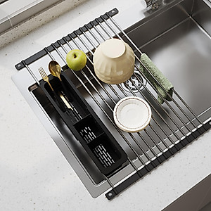 Yofidra Expandable Roll-Up Dish Drying Rack (Up to 19.6") with Expandable Storage Basket, Over-The-Sink Dish Drainer Drying Rack, Foldable Stainless Steel Kitchen Drainer - Black