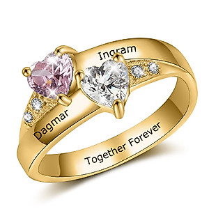 OPALSTOCK Personalized 2 Heart Birthstone Rings for Women Custom 2 Names Mother Rings for Mom Mother's Day Gifts Promise Rings for Her Engagement Rings for Women (6)