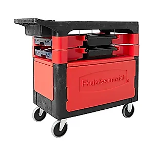 Rubbermaid Commercial Products Trades Tool Utility Cart, Locking Cabinet, with 2 Parts Boxes and 4 Parts Bins, 330 lb. Capacity, 5" Casters, Black, for Warehouse/Garage/Cleaning/Maintenance