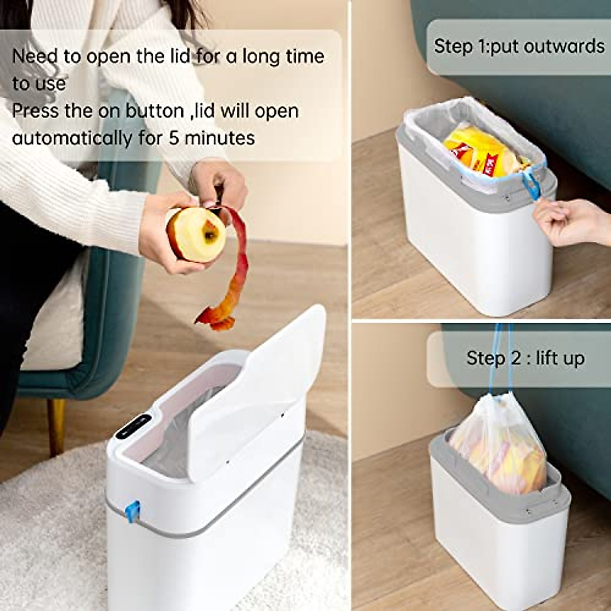 WDPUCHU Bathroom Trash Can with Lid,4.2 Gallons Touchless Garbage Can for Bedroom,Automatic Plastic Slim Trash Bin for Office,Living Room, White,with 10 Pack Drawstring Garbage Bags