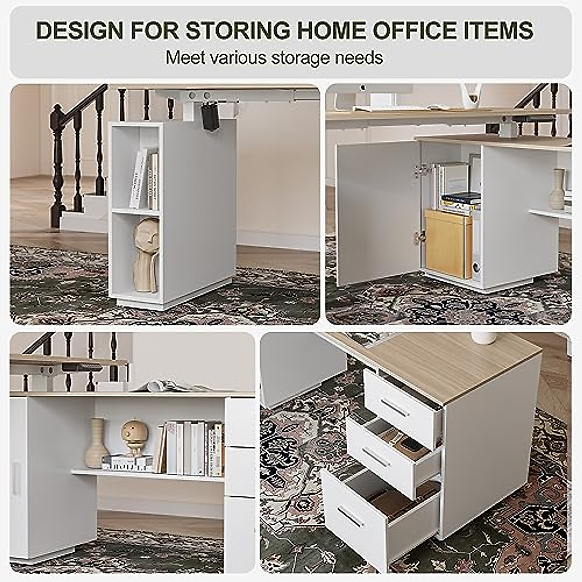 BANTI Executive L Shaped Standing Desk with 3-Drawer File Cabinet, 63" Electric Height Adjustable Stand up Desk for Home Office, Computer Desk with Storage Cabinets, Natural Top