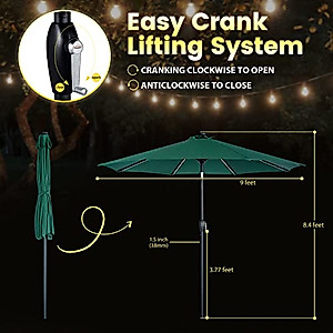 Tempera 9 ft Outdoor Market Umbrella 40 LED Lighted Patio Umbrella with Push Button Tilt and Crank, Solar Umbrella with Sturdy Pole&Fade Resistant Canopy, Easy to Set, Forest Green