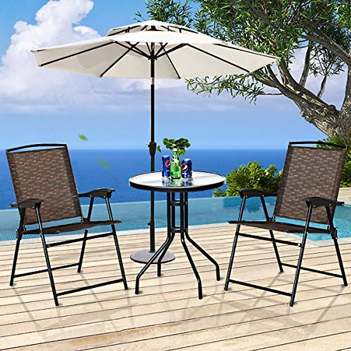 Goplus Patio Bistro Set, 3-Piece Patio Dining Furniture Set with Round Tempered Glass Table, 2 Foldable Chairs, Small Outdoor Folding Chairs & Table Set for Porch Garden Pool Yard