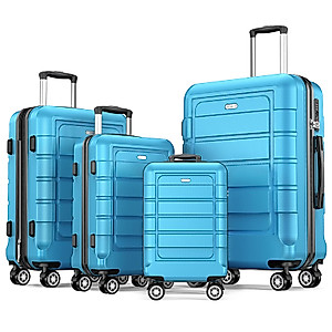 SHOWKOO Luggage Sets Expandable PC+ABS Durable Suitcase Sets Double Wheels TSA Lock 4 Piece Luggage Set Sky Blue