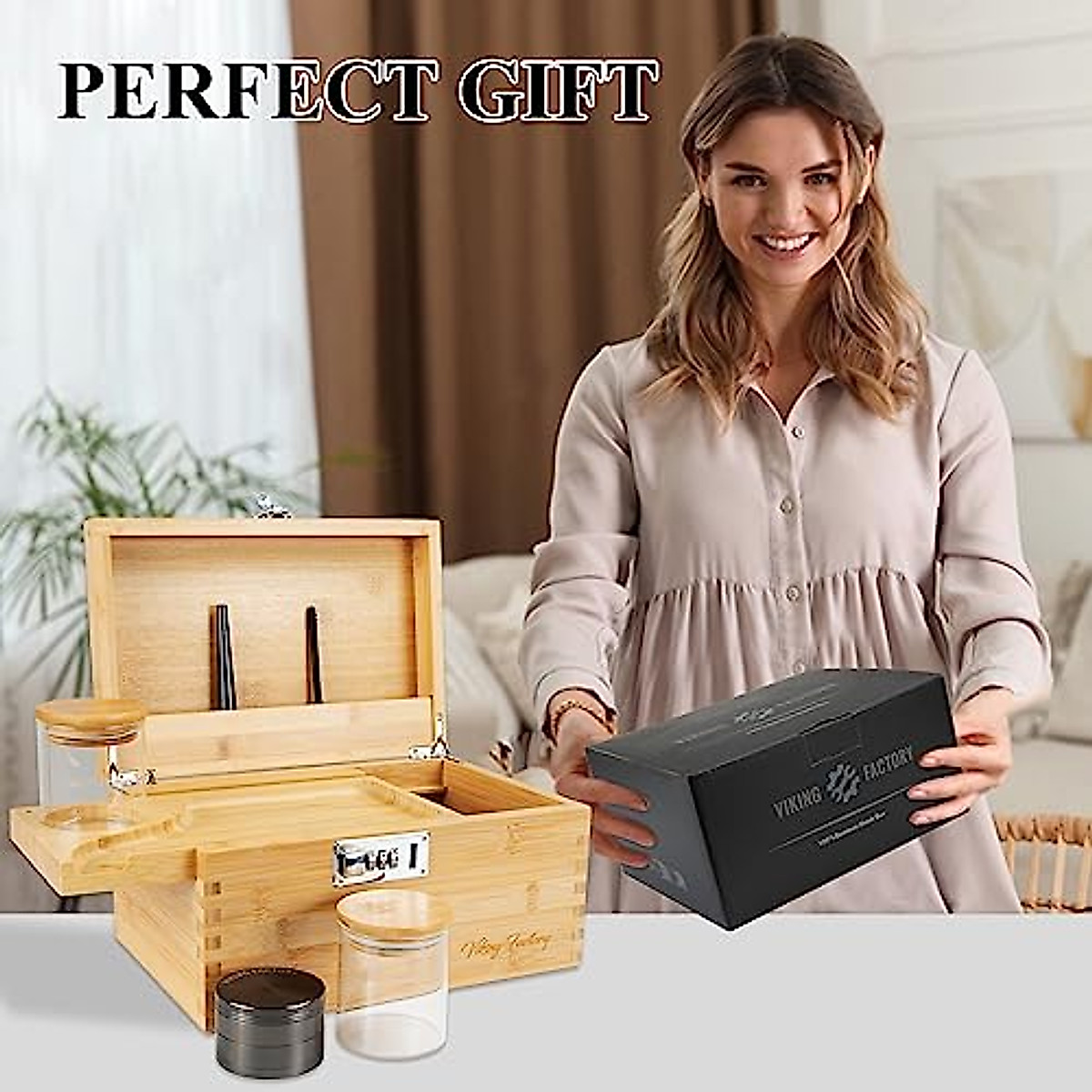 Viking Factory Large Bamboo Box with Combination Lock Decorative Box for Home Locking Storage Box -Premium Removable Tray, With Glass Jar