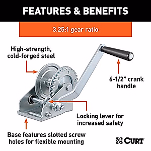 CURT 29423 Manual Hand Crank Boat Trailer Winch, 900 lbs Capacity, 6-1/2-Inch Handle, 3.25:1 Gear Ratio