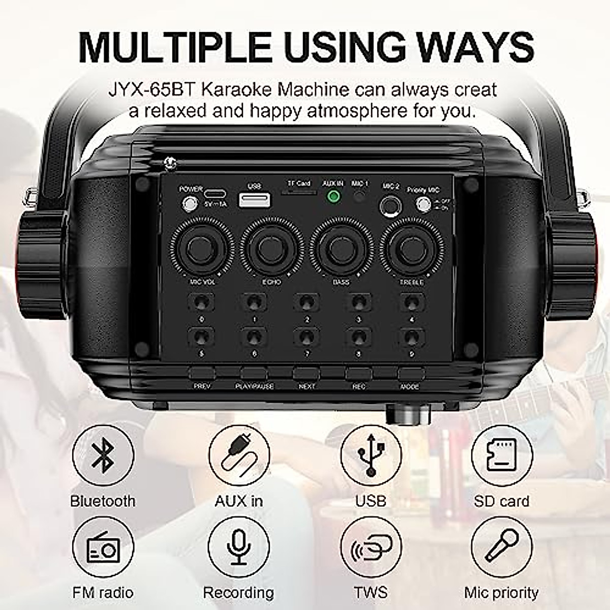 JYX Karaoke Machine with 2 Wireless Microphones, Bluetooth Speaker PA System with 5200mAh Battery Supports Bluetooth,USB,SD Card,AUX-in,FM,Recording,for Christmas Party