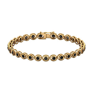 2 CT Bezel Set Black Onyx Unisex Round Shape Tennis Chain Bracelet (AAA Quality), 14K Yellow Gold, 6.5 inches