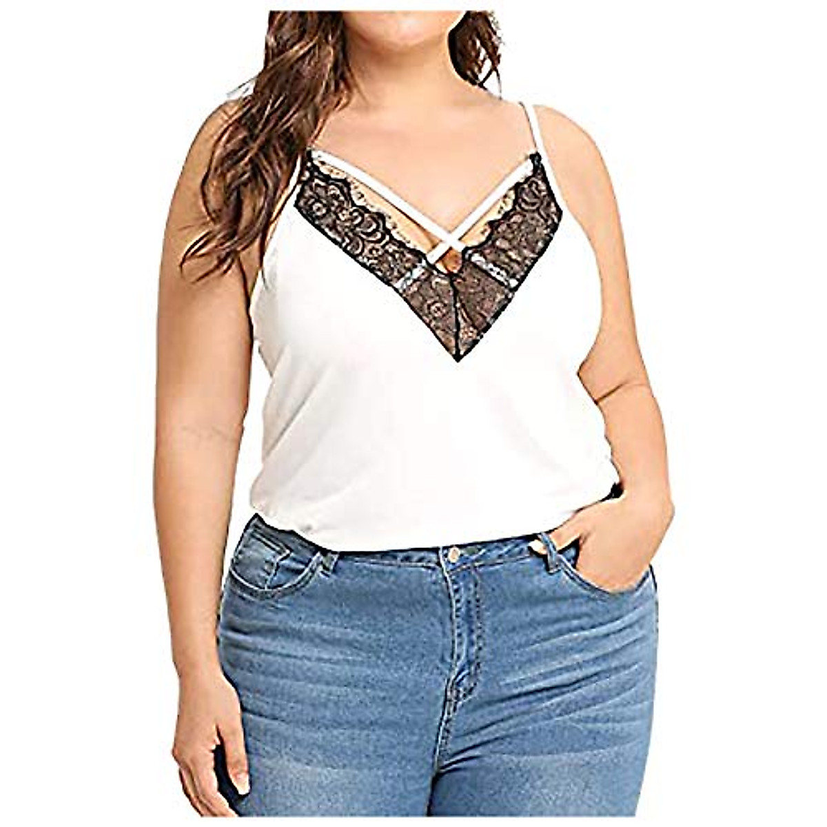 DUOWEI Camisoles with Breast Support Ladies Summer Tops Xl Contrast Lace Sexy Vest Tops V Neck Spaghetti Straps Camisole Vest 5