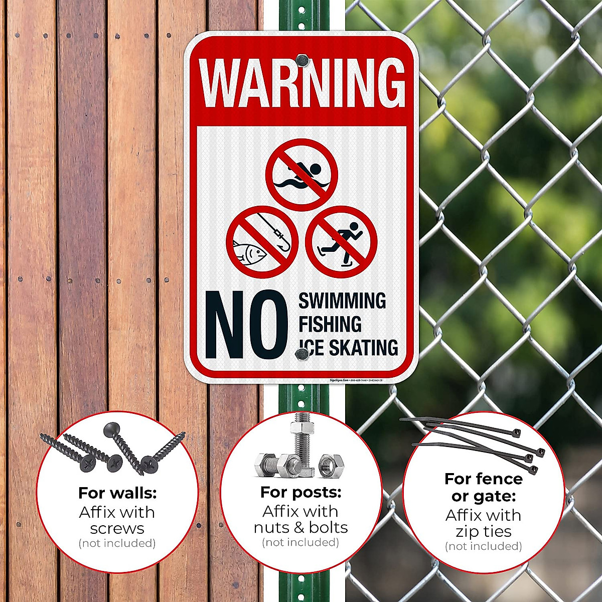 Sigo Signs, Warning No Swimming Fishing Ice Skating Sign, 12x18 Inches, 3M EGP Reflective .063 Aluminum, Fade Resistant, Made in USA by