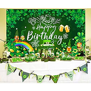 Ushinemi St Patricks Day Birthday Decorations, St. Patrick's Day Happy Birthday Backdrop Banner, Lucky Clover Shamrock Gnome Birthday Party Background 6 x 3.6 ft