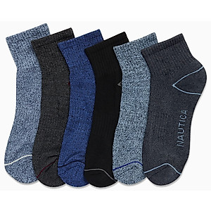 Nautica Men's Performance Quarter Socks with Cushioned Comfort (6 Pack), Size 6-12.5, Navy/Blue/Gray