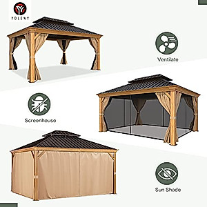 YOLENY 12' x 14' Hardtop Gazebo Wood Grain Gazebo with Galvanized Steel Double Roof, Aluminum Frame, Outdoor Patio Hardtop Gazebo with Netting and Curtains for Deck, Backyard, Patio, Lawns