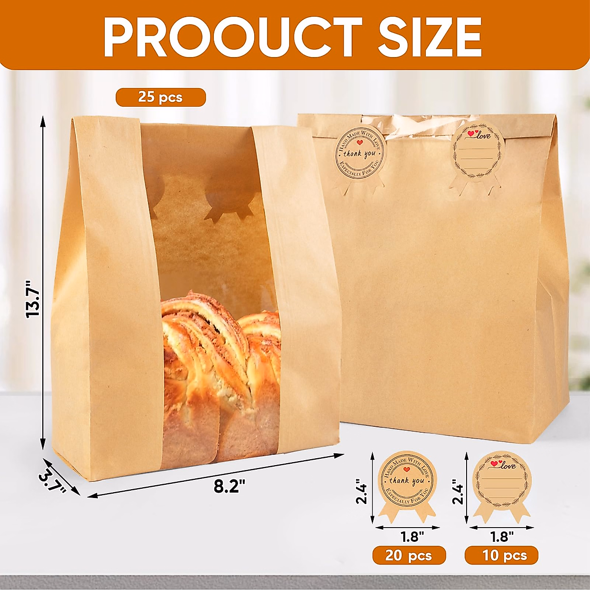 KEQ Bread Bags for Homemade Bread-Paper Bread Bag with Window-50 Pcs Sourdough Bread Bags with 60 Cute(10 Write-On) Sealing Stickers-Large Bakery Bags for Home Bakers & Bakery Owners