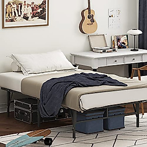 Saudism Metal Platform Bed Frame Twin Size, 14 Inch Black Bed Frame, Mattress Foundation, No Box Spring Needed, Easy Assembly and Storage, Foldable, Steel Slat Support, Twin