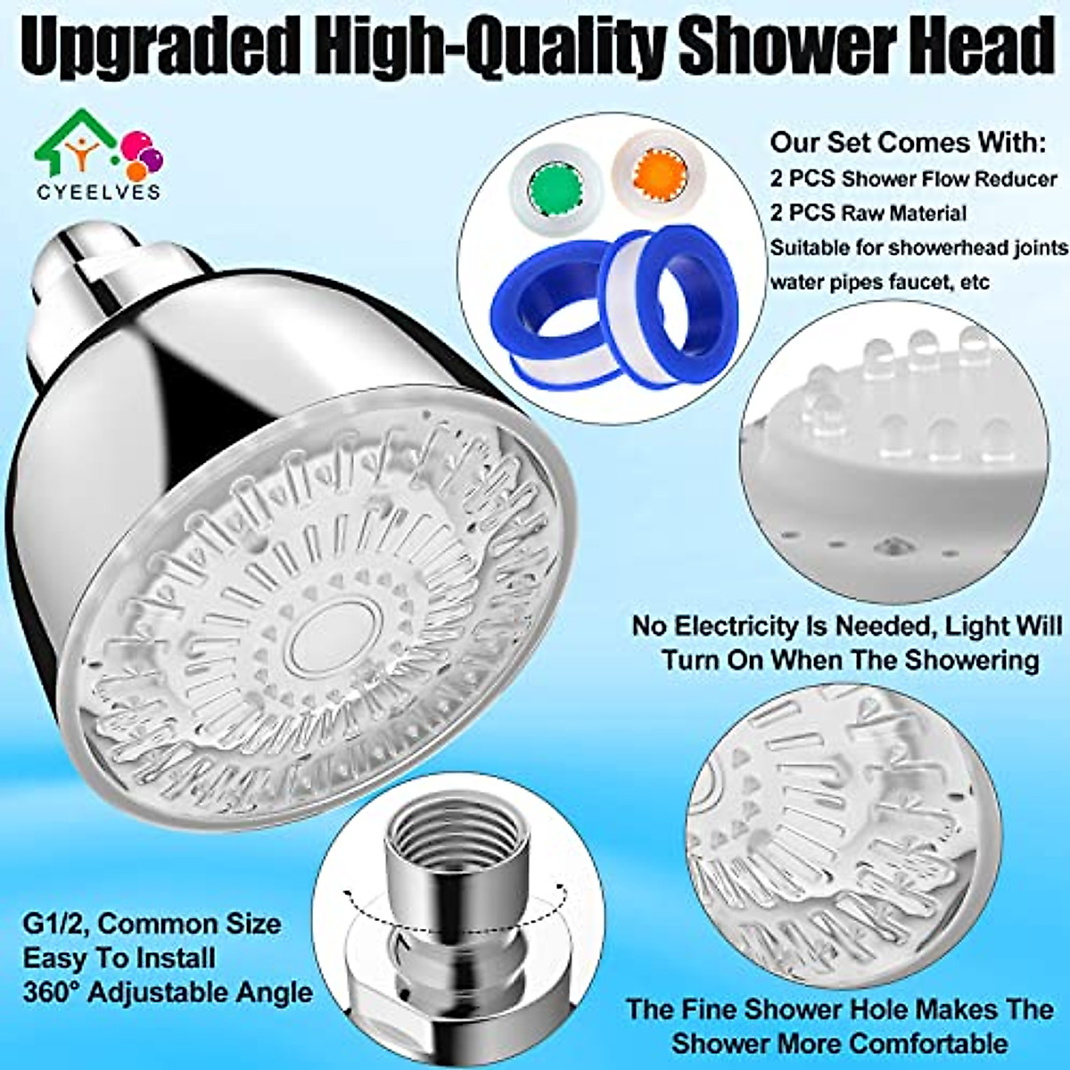 LED Shower Head, Shower Head with Lights, 7 Color Light Automatically Changing Led Rainfall Showerhead, LED Fixed Showerheads for Bathroom, High Pressure Quiet Adjustable Rain Showerhead for Kid Adult