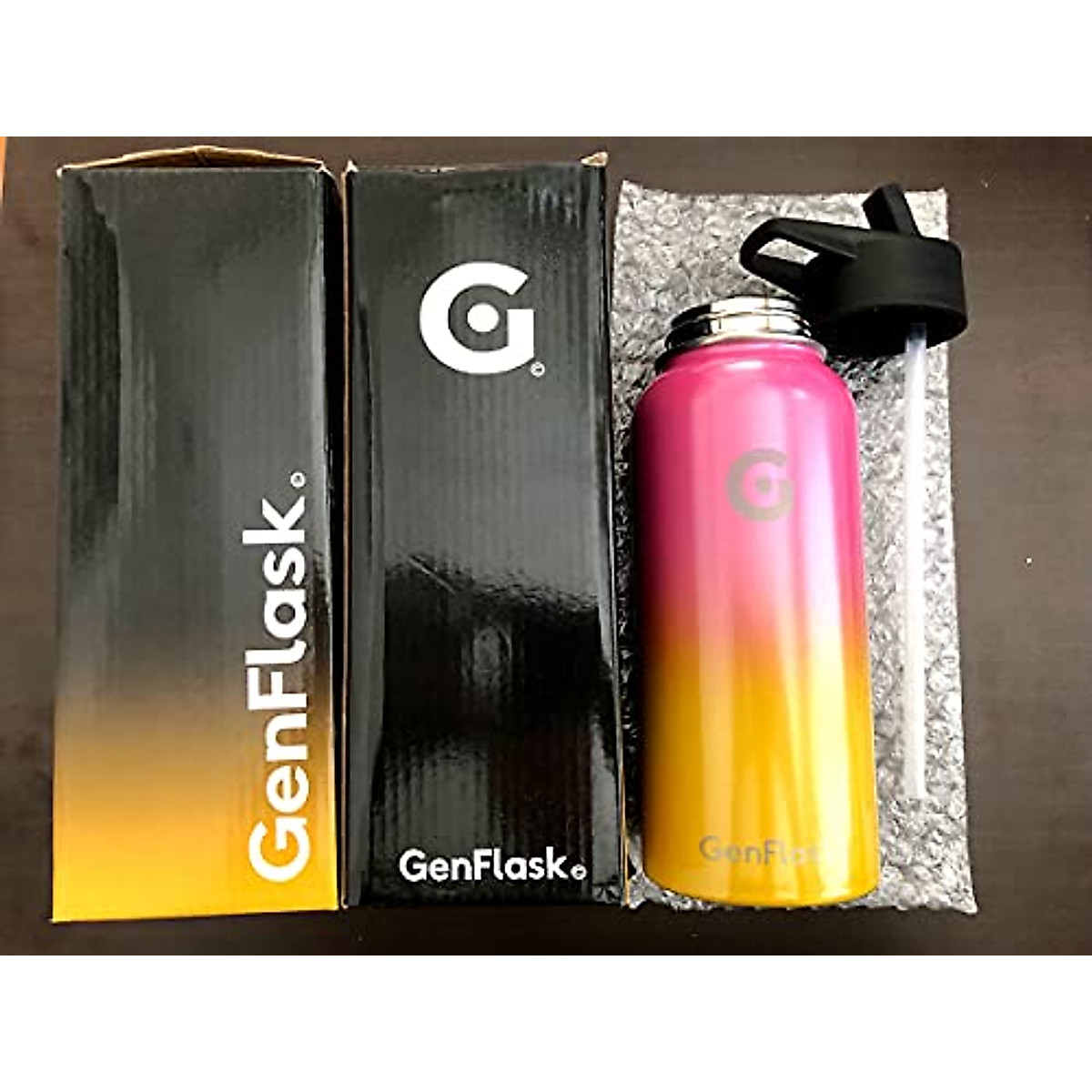 GenFlask 32oz insulated vacuum Stainless Steel ombre water bottle - Wide mouth straw lid leakproof tumbler (Black-Baby-Pink)