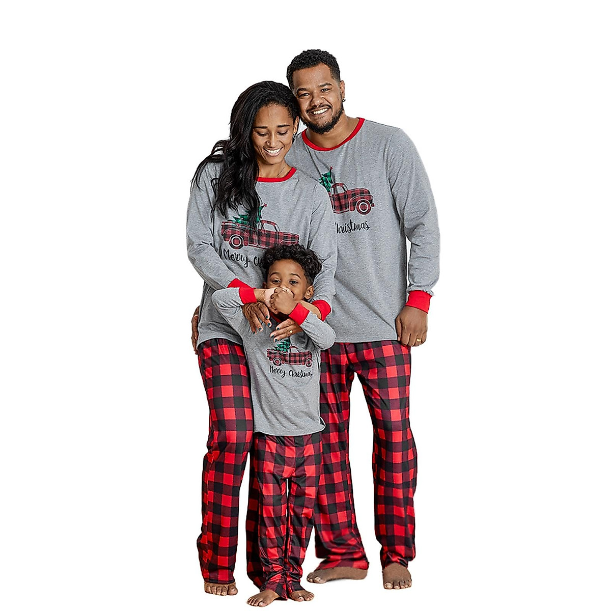 IFFEI Matching Family Pajamas Sets Christmas PJ's Sleepwear Truck Print Top and Plaid Pants with Pocket Women: L