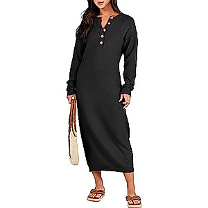ANRABESS Women Sweater Maxi Dress Long Sleeve Button V Neck Oversized Casual Loose Waffle Knit Fall Long Midi Sweater Dress 2023 Trendy Outfits 1130heise-L Black