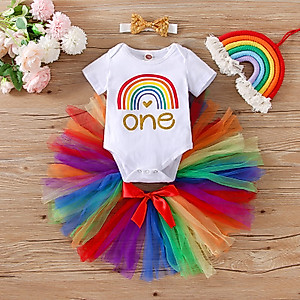 vivifayee Baby First Birthday Outfits Girl Cotton Romper Rainbow Samsh Cake Tulle Tutu Skirts with Bowknot Headband 3pcs Colorful One Year Old Girls Dress