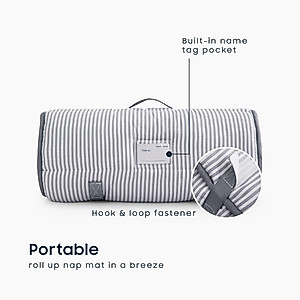 Wake In Cloud - Nap Mat with Removable Pillow for Kids Toddler Boys Girls Daycare Preschool Kindergarten Sleeping Bag, Gray Grey Stripes Printed on White, 100% Cotton with Microfiber Fill